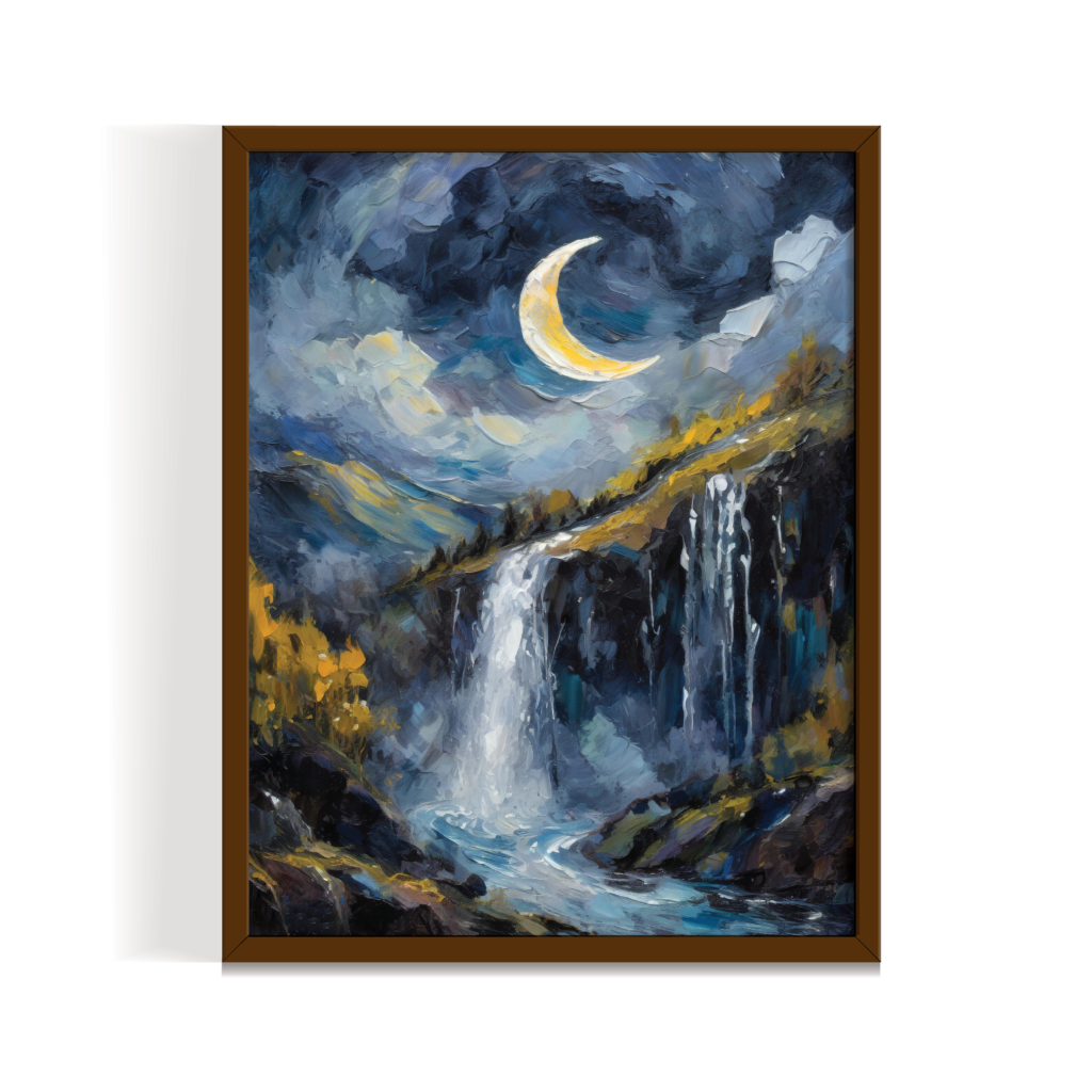 Crescent Moon, Landscape wall Art | Night View Moon Waterfall Art